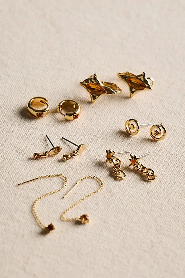 Free People Baez Gold Plated Earring Set - Gold/citrine