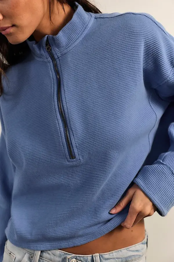 Free People We The Free Celeste Quarter Zip Pullover - Blue Riviera