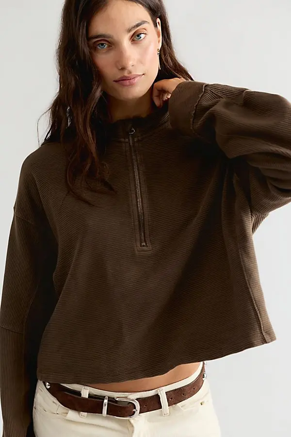 Free People We The Free Celeste Quarter Zip Pullover - Teak