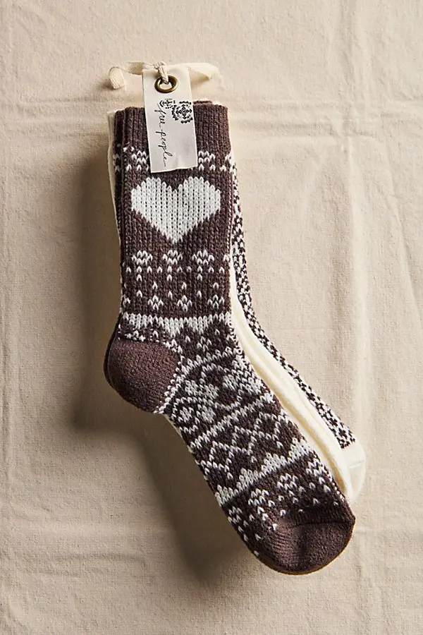Free People Nordic Knit Crew Socks Bundle - Brown Combo