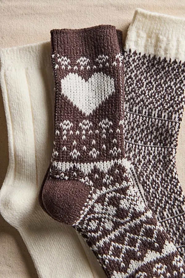 Free People Nordic Knit Crew Socks Bundle - Brown Combo