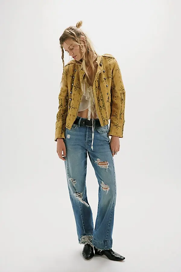 Free People We The Free Stick Around Mid-rise Straight Curve Jeans - Torn To Pieces