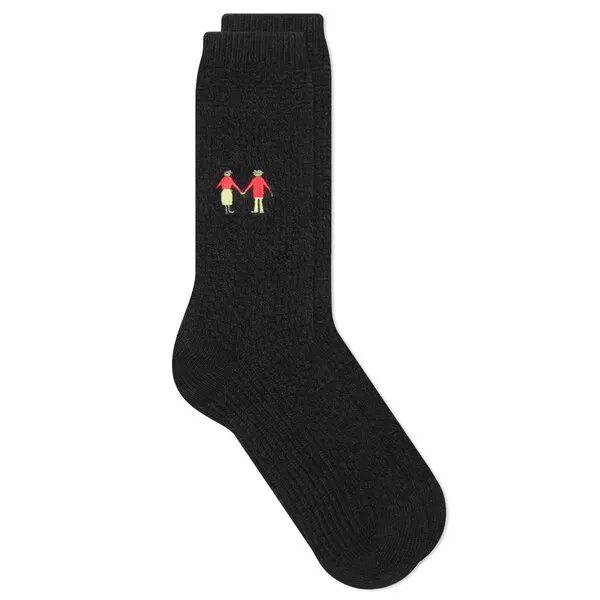 Folk Embroidery Waffle Socks - Charcoal