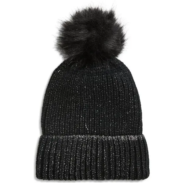 Tasha Faux Fur Pom Sparkle Beanie - Black