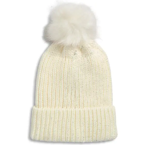 Tasha Faux Fur Pom Sparkle Beanie - White