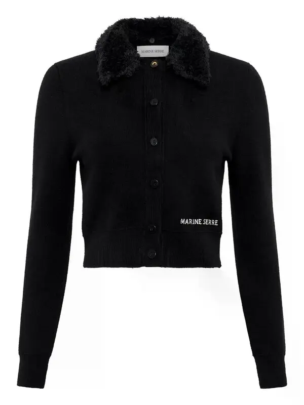 MARINE SERRE Wool Cropped Cardigan With Faux-fur Collar - Black