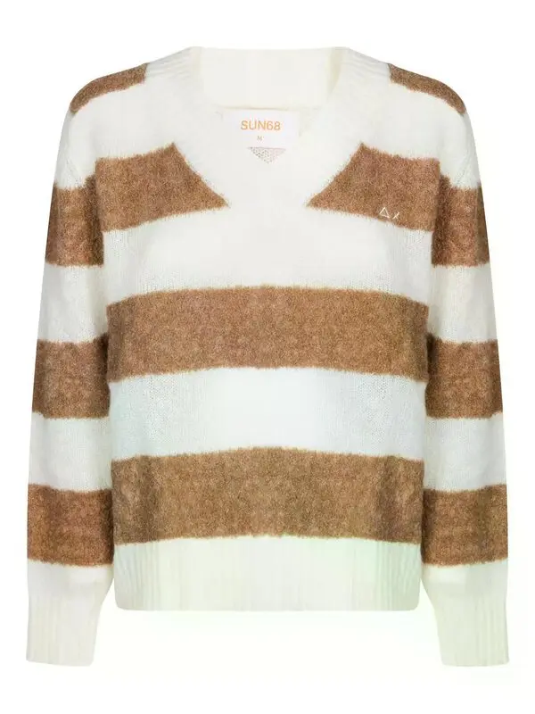 SUN 68 Striped V-neck Sweater - White