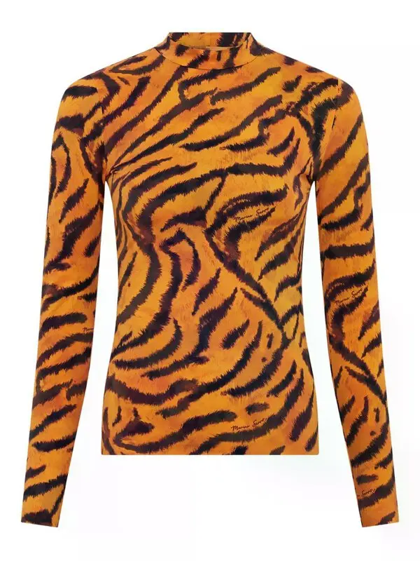 MARINE SERRE Tiger Print Long Sleeve High Neck Top - Orange