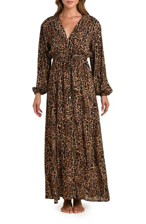 L'Agence Leopard Print Chiffon Maxi Cover-up Dress - Natural