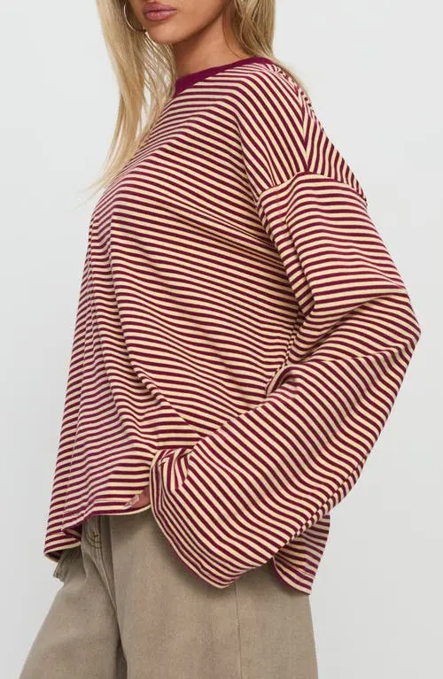 Princess Polly Settle Down Stripe Oversize T-shirt - Burgundy