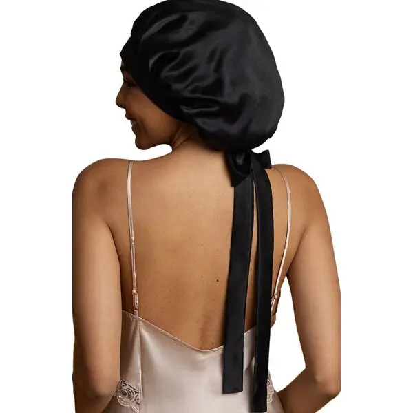 SILKSILKY Mulberry Silk Sleep Cap With Tie Detail - Black