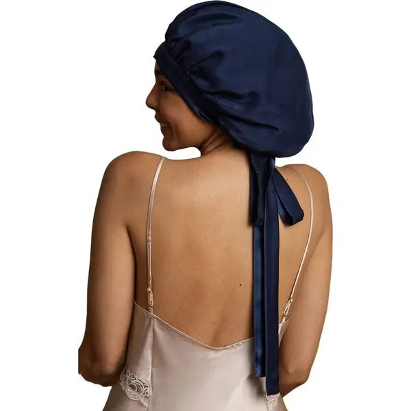 SILKSILKY Mulberry Silk Sleep Cap With Tie Detail - Darkblue