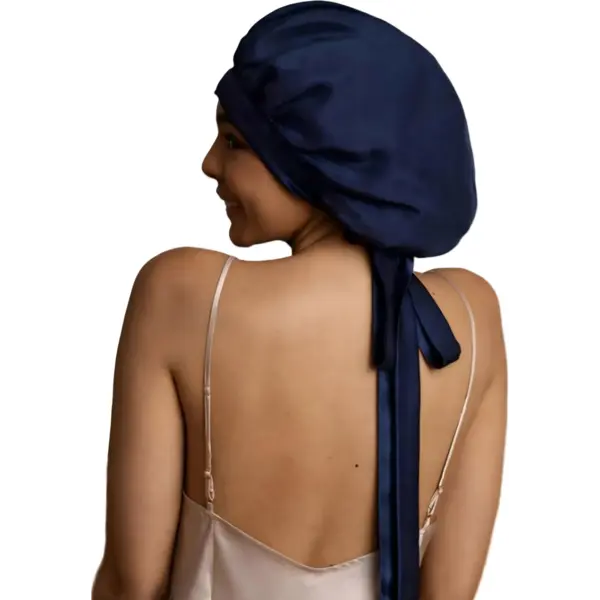 SILKSILKY Mulberry Silk Sleep Cap With Tie Detail - Darkblue