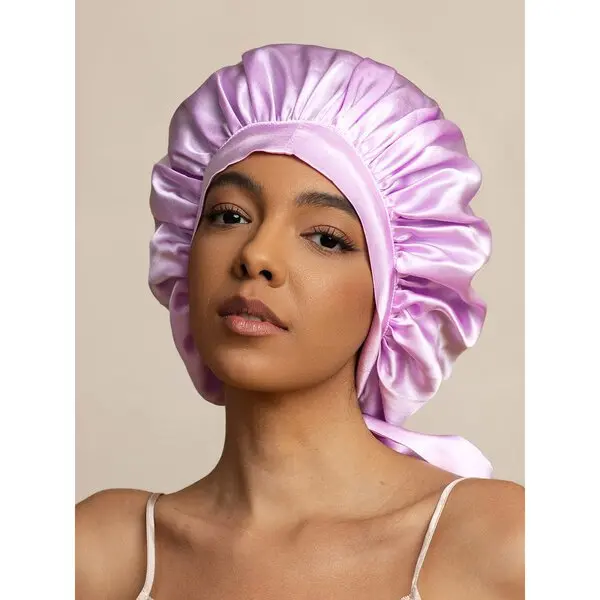 SILKSILKY Mulberry Silk Sleep Cap With Tie Detail - Lavender