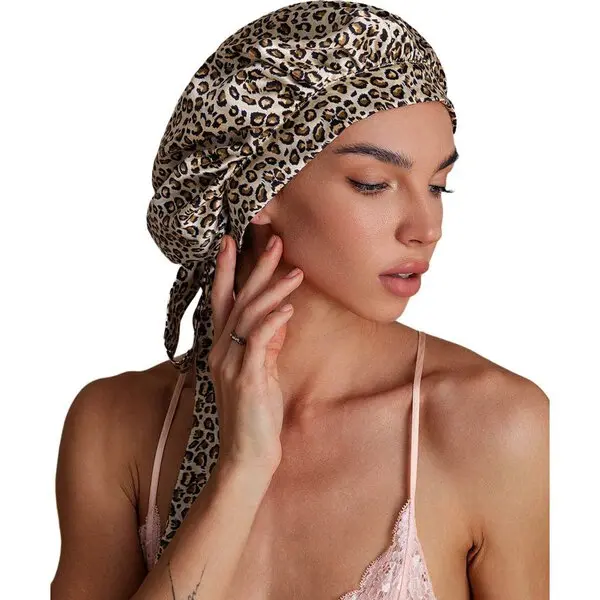 SILKSILKY Mulberry Silk Sleep Cap With Tie Detail - Leopard