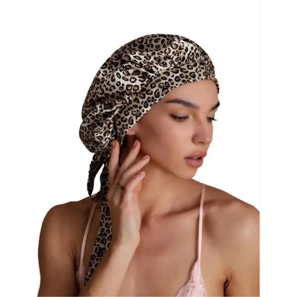 SILKSILKY Mulberry Silk Sleep Cap With Tie Detail - Leopard