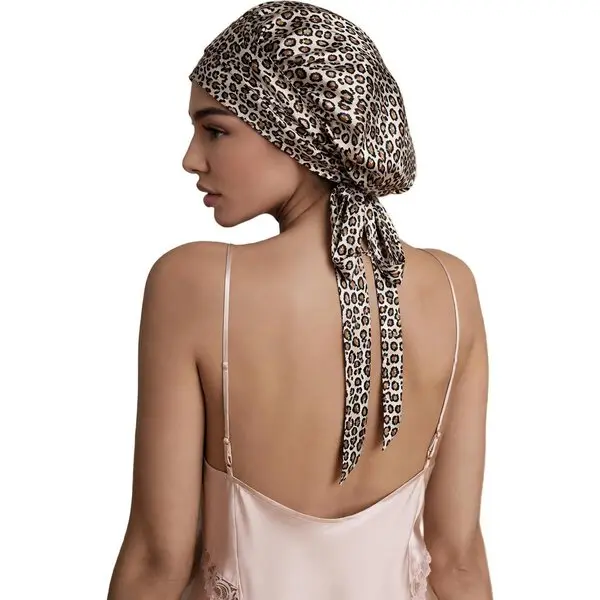 SILKSILKY Mulberry Silk Sleep Cap With Tie Detail - Leopard