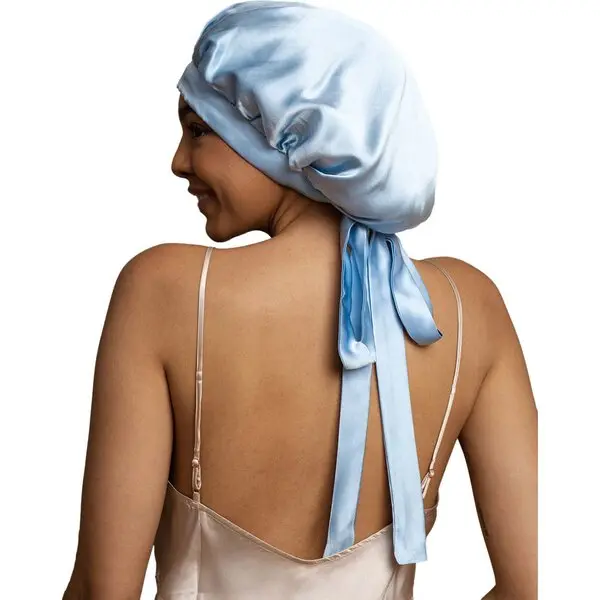 SILKSILKY Mulberry Silk Sleep Cap With Tie Detail - Lightblue