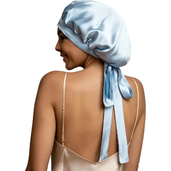 SILKSILKY Mulberry Silk Sleep Cap With Tie Detail - Lightblue