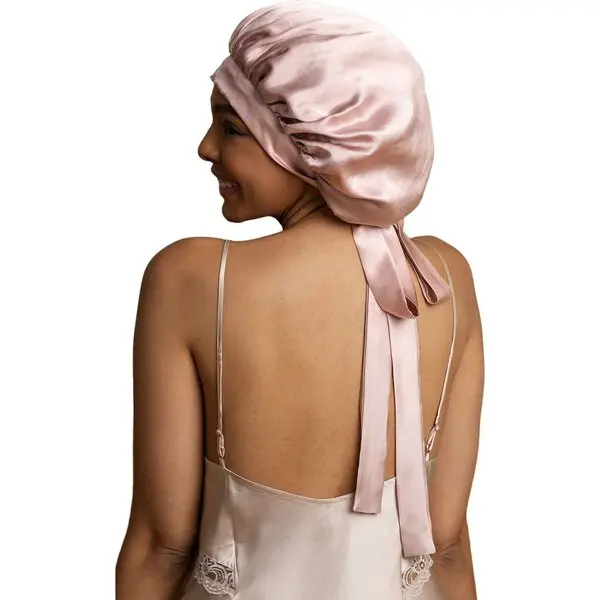SILKSILKY Mulberry Silk Sleep Cap With Tie Detail - Pink