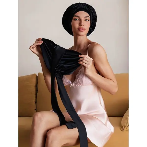 SILKSILKY Pure Silk Double-layer Bonnet With Adjustable Long Tie - Black