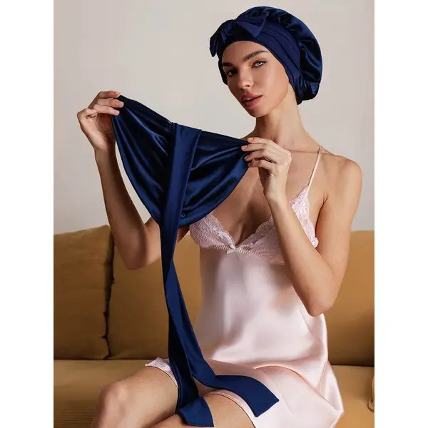 SILKSILKY Pure Silk Double-layer Bonnet With Adjustable Long Tie - Darkblue