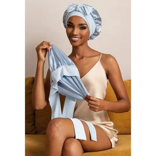 SILKSILKY Pure Silk Double-layer Bonnet With Adjustable Long Tie - Lightblue
