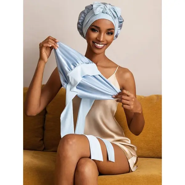 SILKSILKY Pure Silk Double-layer Bonnet With Adjustable Long Tie - Lightblue