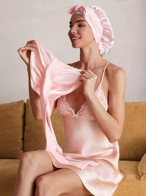 SILKSILKY Pure Silk Double-layer Bonnet With Adjustable Long Tie - Lightpink