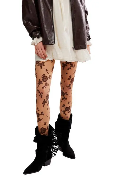 Free People Flocked Floral Tights - Espresso Combo