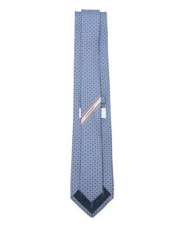 FERRAGAMO Gancini Print Silk Neck Tie - Blue