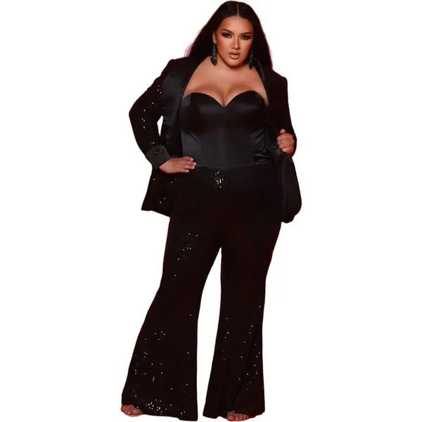 SYDNEY'S CLOSET Sequin Embellished Three-piece Bell Bottom Suit - Black