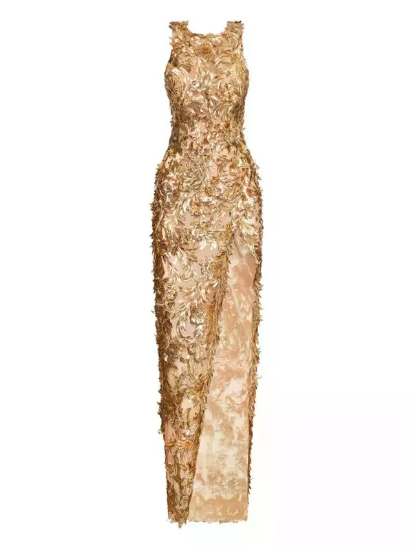 Oscar De La Renta Feather-embellished Maxi Dress - Gold