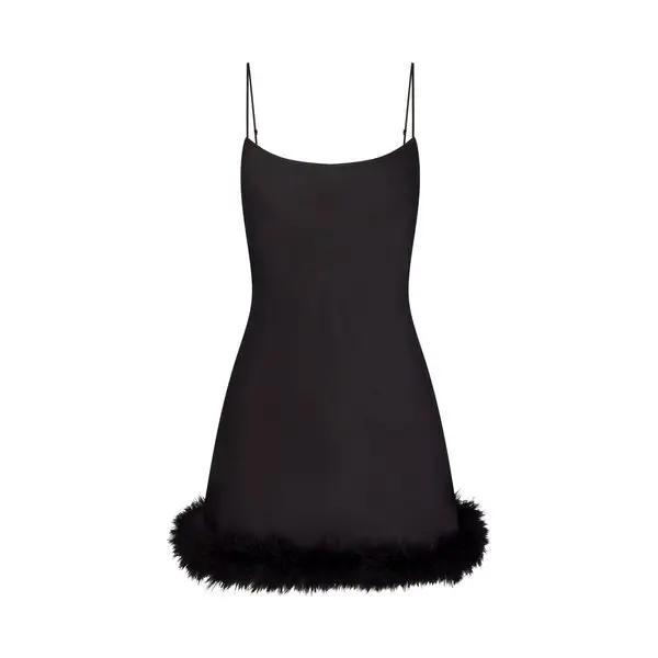 Skims Silk Feather Trim Mini Dress - Onyx | Editorialist