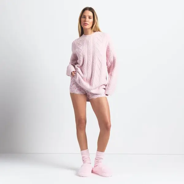 SKIMS Cozy Light Oversized Cableknit Pullover - Cherry Blossom