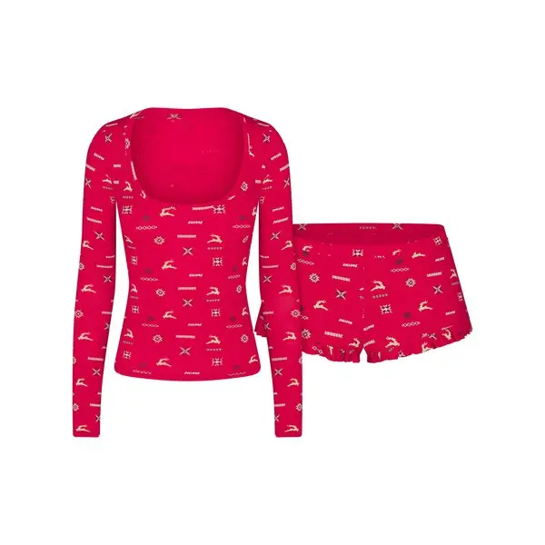 SKIMS Sleep Scoop Neck Sleep Set - Cranberry Vintage Deer Print