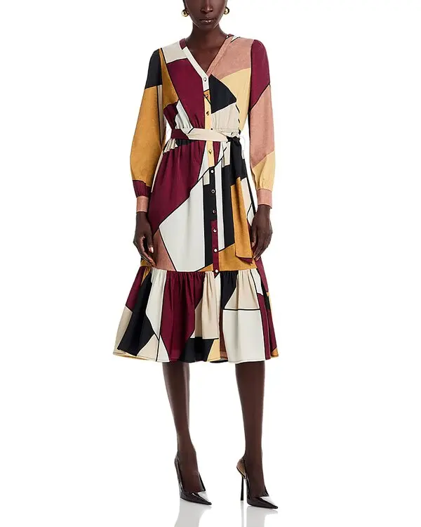 T Tahari Printed V-neck Dress - Sueded Blocks Print