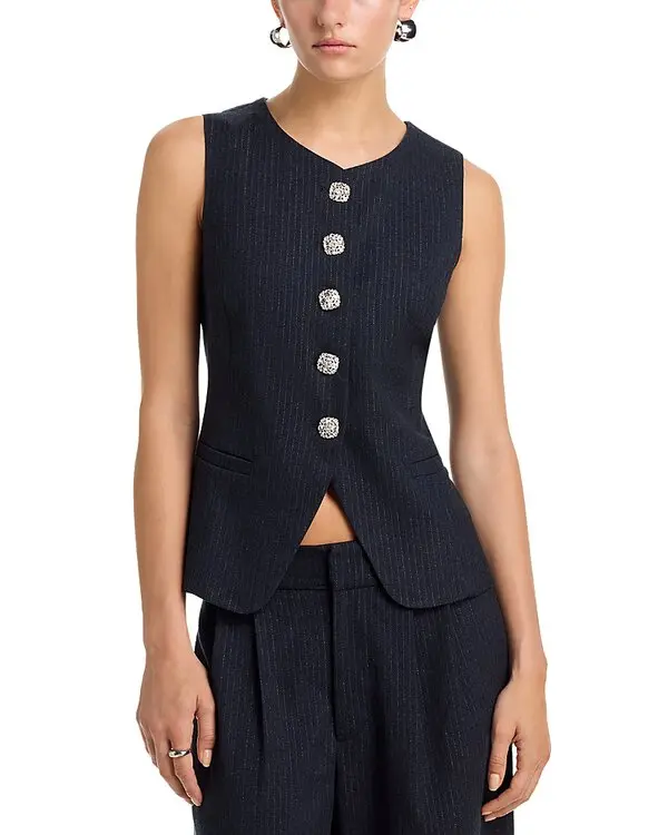 Aqua Pinstripe Rhinestone Button Vest - Navy