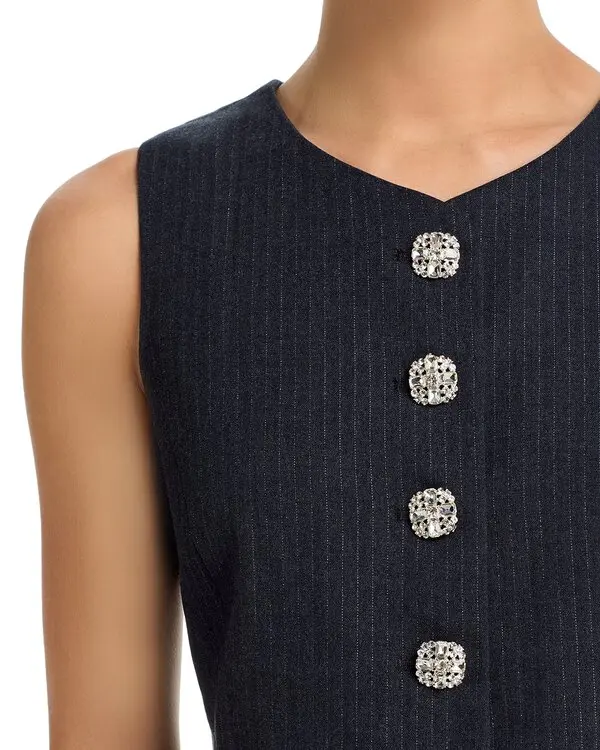 Aqua Pinstripe Rhinestone Button Vest - Navy