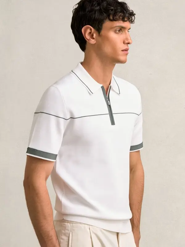 REISS Bradford Half-zip Tipped Polo Shirt - White/green