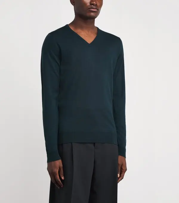John Smedley Merino Wool V-neck Sweater - Green