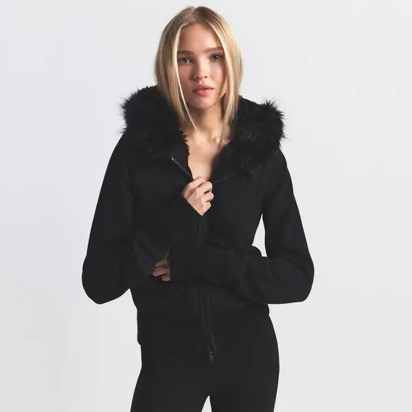 Skims Cotton Fleece Faux Fur Lined Zip-Up Hoodie - Onyx | Editorialist