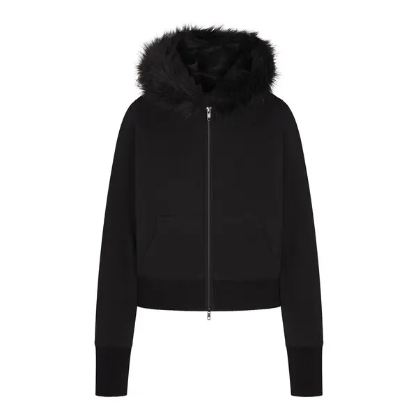 Skims Cotton Fleece Faux Fur Lined Zip-Up Hoodie - Onyx | Editorialist