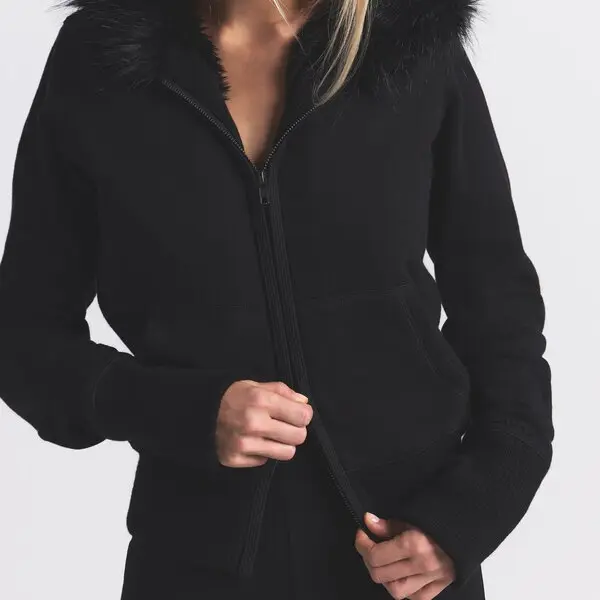 Skims Cotton Fleece Faux Fur Lined Zip-Up Hoodie - Onyx | Editorialist