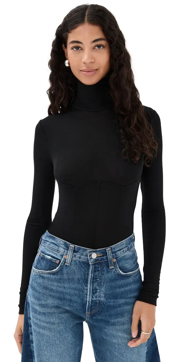 AGOLDE Wilma Bodysuit Turtleneck Long Sleeve Corset Detail - Black