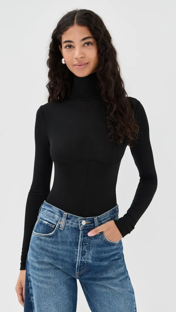 AGOLDE Wilma Bodysuit Turtleneck Long Sleeve Corset Detail - Black