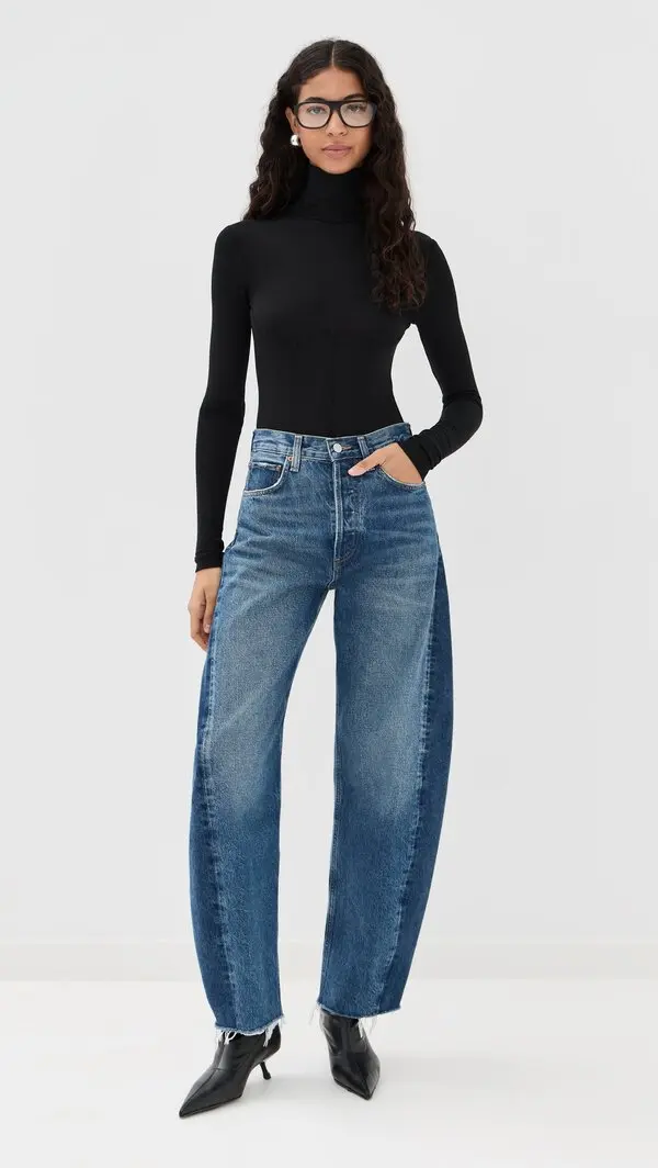 AGOLDE Wilma Bodysuit Turtleneck Long Sleeve Corset Detail - Black