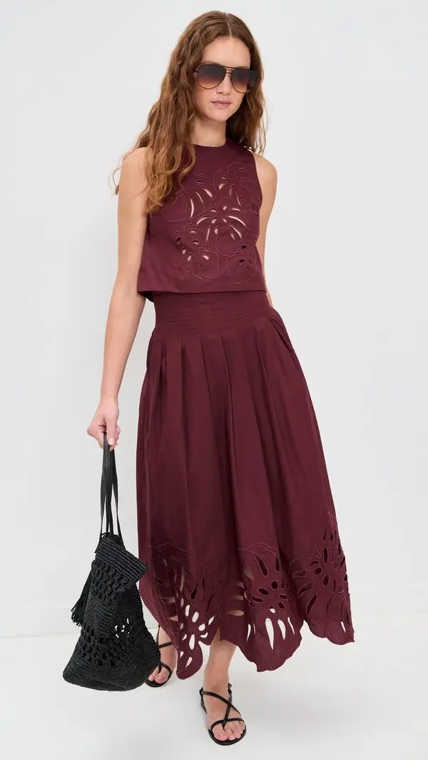 DRESS TO Foliage Embroidered Cotton Skirt