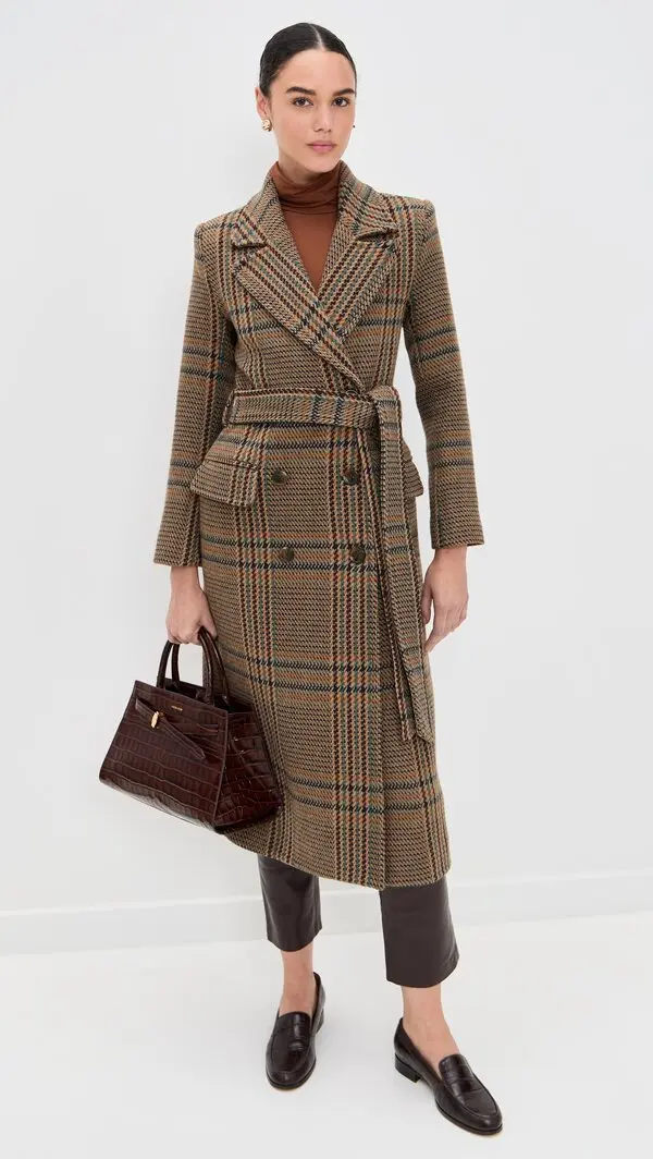 L'Agence Kolina Long Coat - Brown Plaid