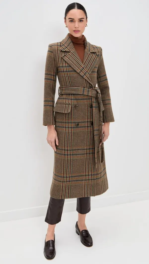 L'Agence Kolina Long Coat - Brown Plaid